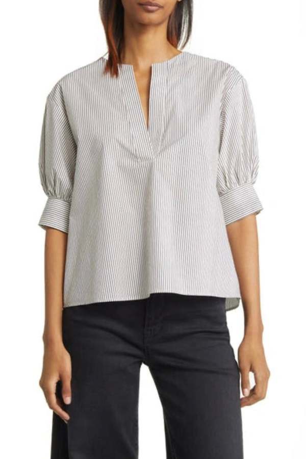 FRAME Denim V Neck Popover Top - Mocha Multi | Garmentory