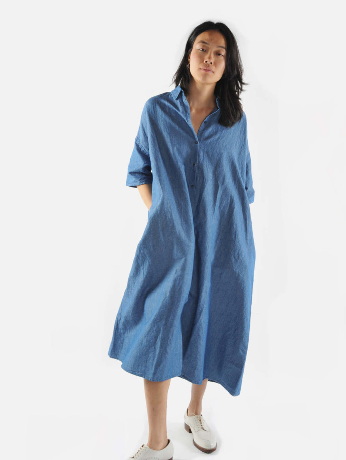 A Punto B Denim Cotton Linen Button Front Dress | Garmentory