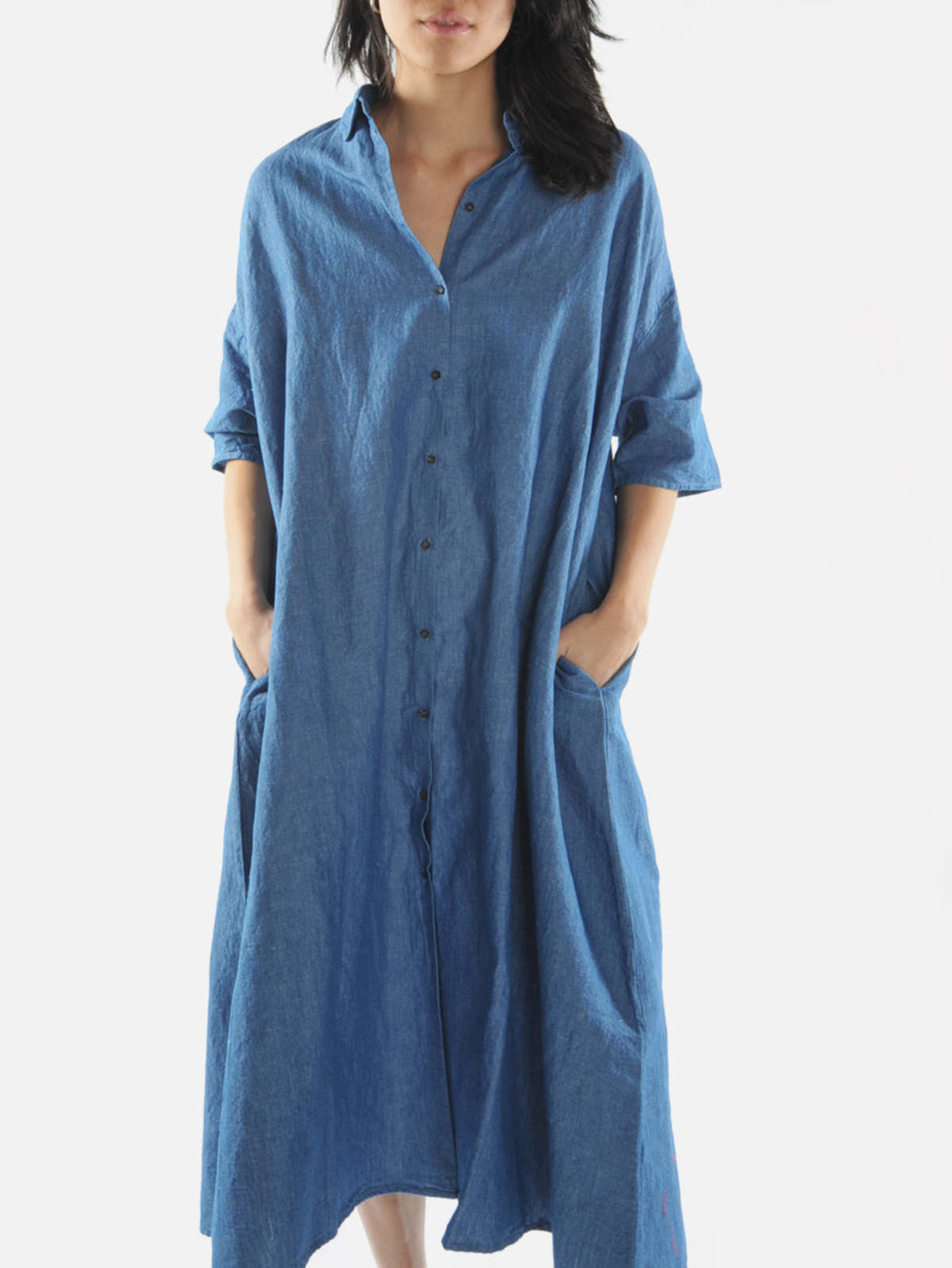 A Punto B Denim Cotton Linen Button Front Dress | Garmentory