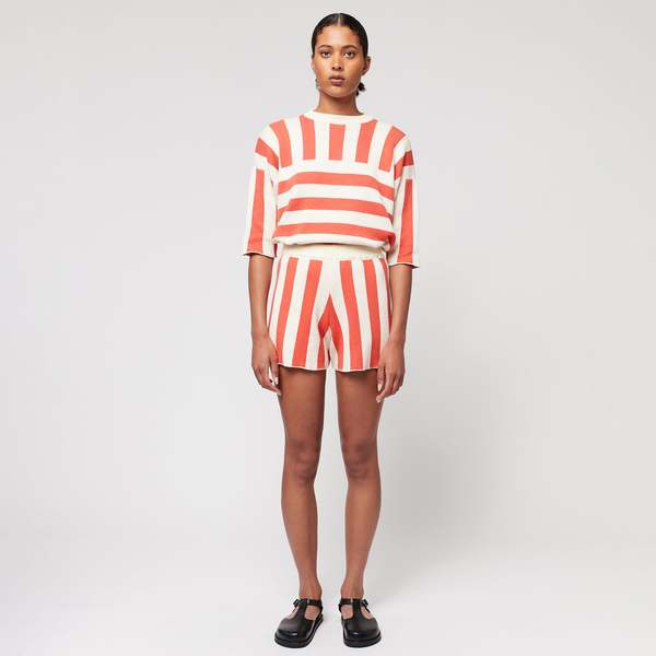 Bobo Choses Woman Knit Shorts - Cream/Burgundy Stripes | Garmentory