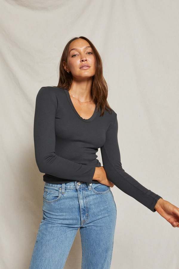 Perfect White Tee Robyn U Neck Rib Long Sleeve - Vintage Black | Garmentory