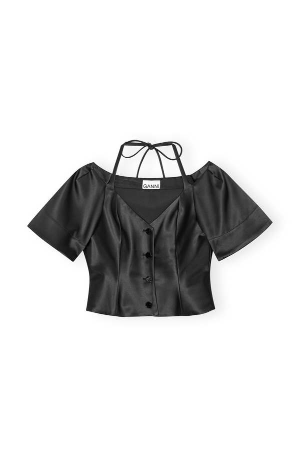 Ganni DOUBLE SATIN FITTED OPEN NECK BLOUSE - Black | Garmentory