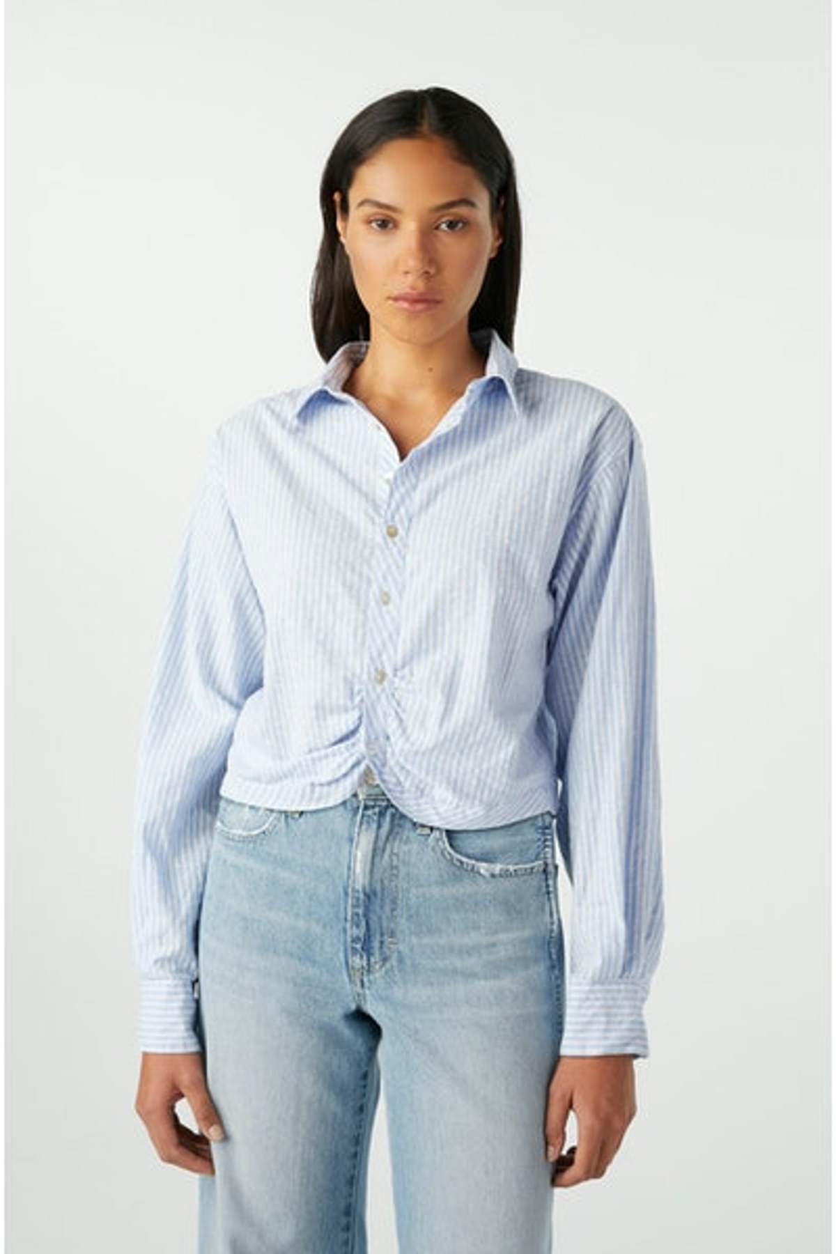 amo denim Anna Mae Crop Button Down - Sky Blue Stripe | Garmentory