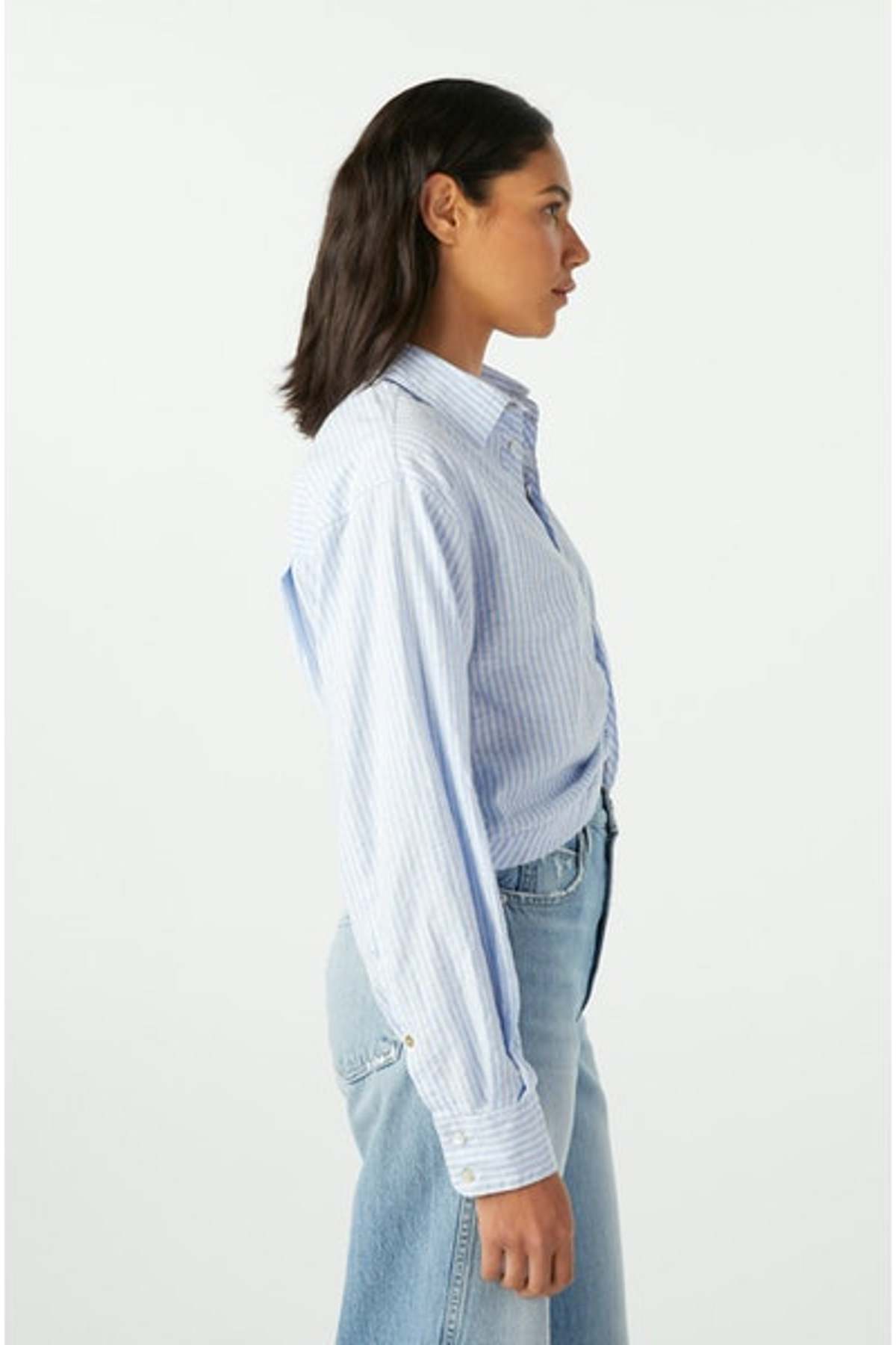amo denim Anna Mae Crop Button Down - Sky Blue Stripe | Garmentory
