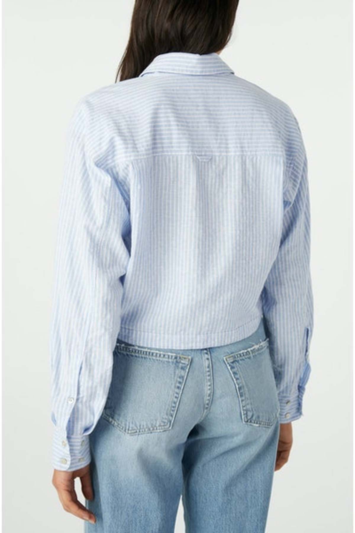amo denim Anna Mae Crop Button Down - Sky Blue Stripe | Garmentory
