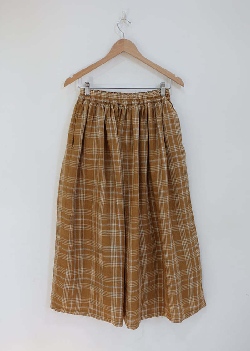 Ichi Antiquites Linen Check Skirt - Camel | Garmentory