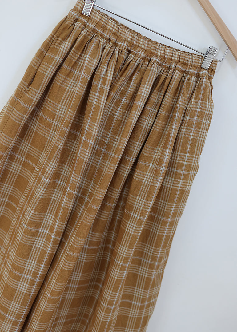 Ichi Antiquites Linen Check Skirt - Camel | Garmentory