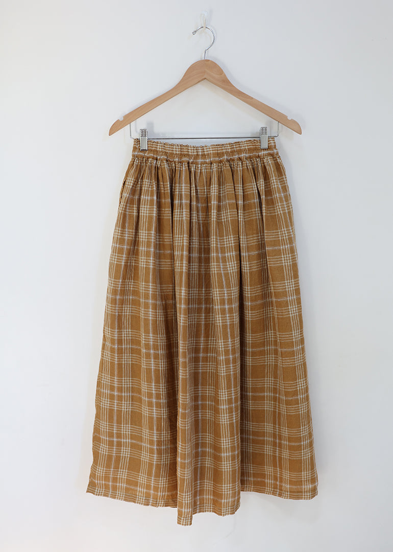 Ichi Antiquites Linen Check Skirt - Camel | Garmentory
