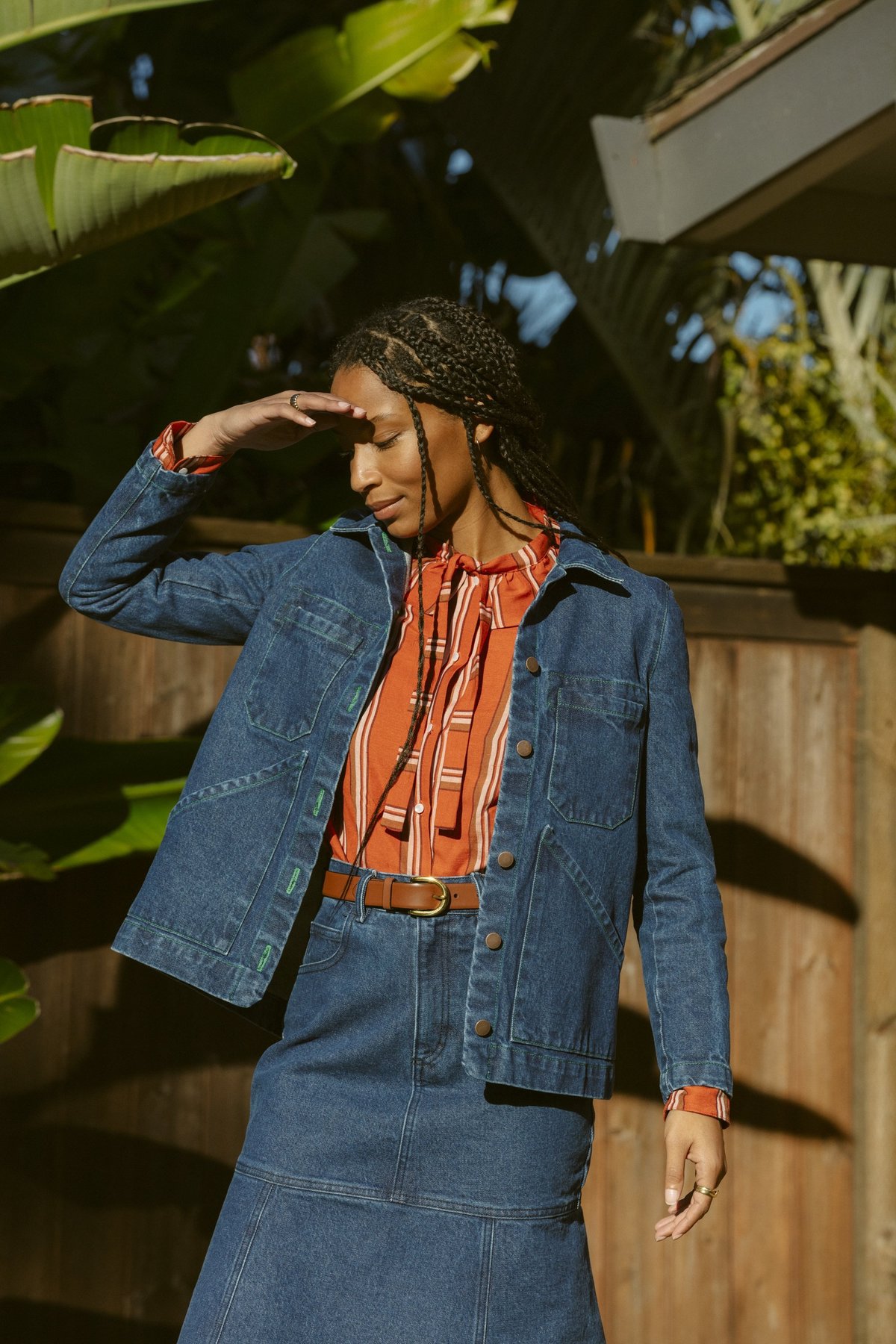 Carleen Triangle Pocket Jacket - Western Denim/Green Stitching | Garmentory
