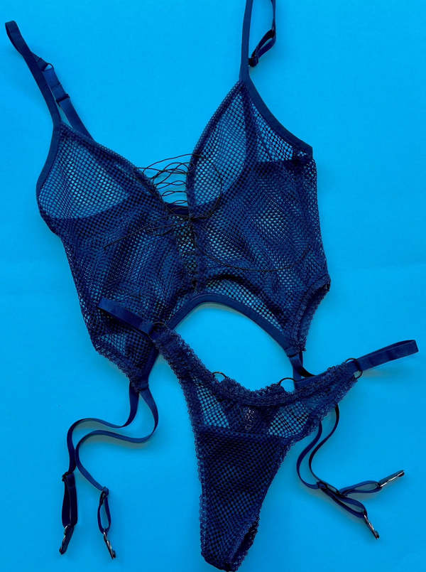 Kayleigh Peddie: Lace Up Garter Tank - Navy Fishnet | Garmentory