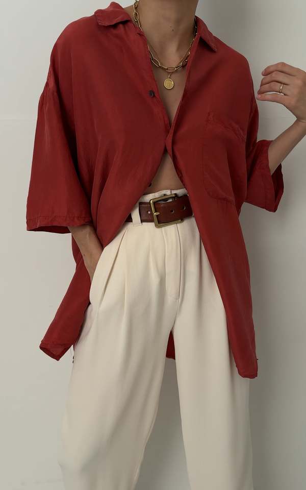 Vintage Persan Silk Short Sleeve Button Up Blouse - Rouge | Garmentory