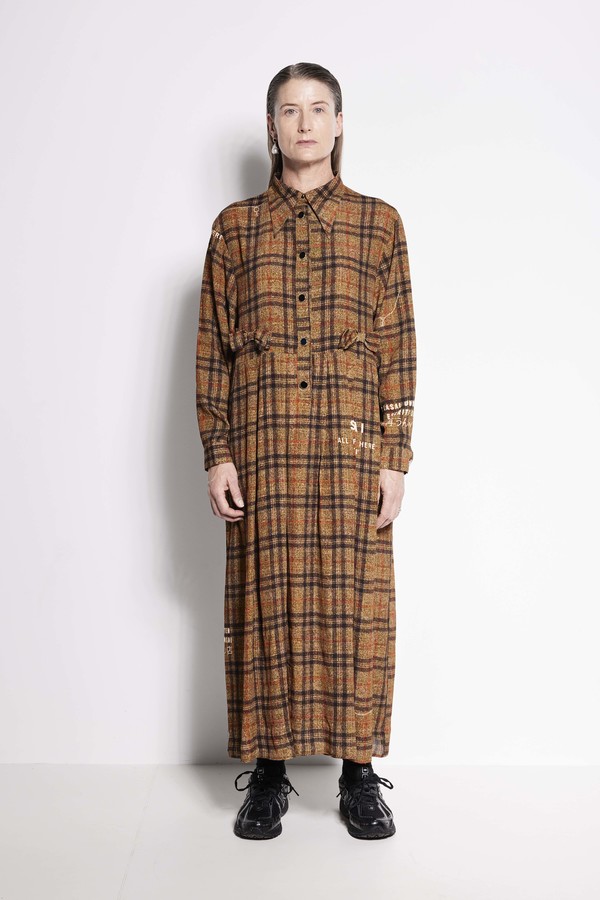 Salasai La Rosa Full Length Long Sleeve Collared Dress - Tan Tweed ...