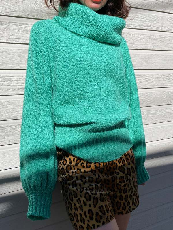 Vintage 1970s Boucle Knit Oversized Turtleneck Sweater - Turquoise ...