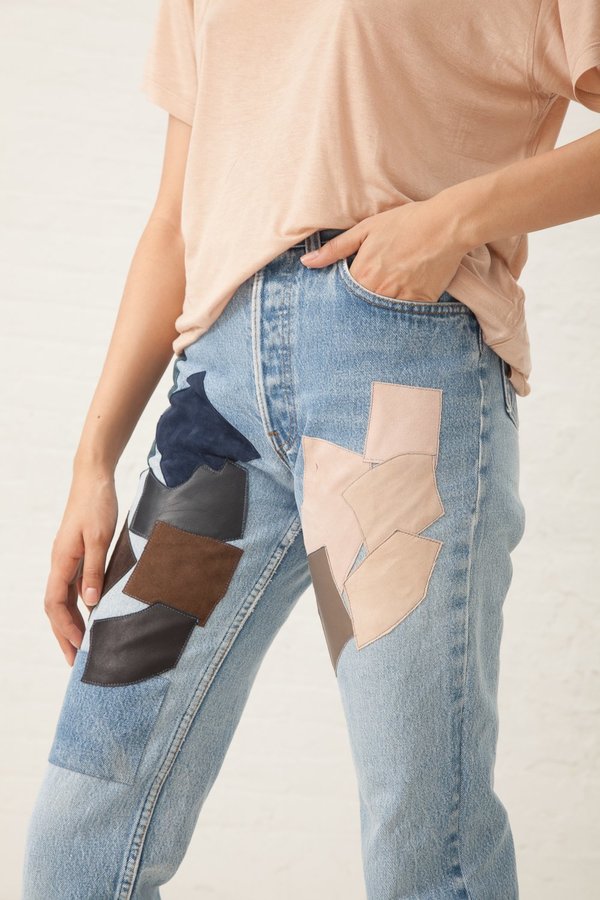 B Sides Vintage Leather Patchwork Jeans in Pink | Garmentory