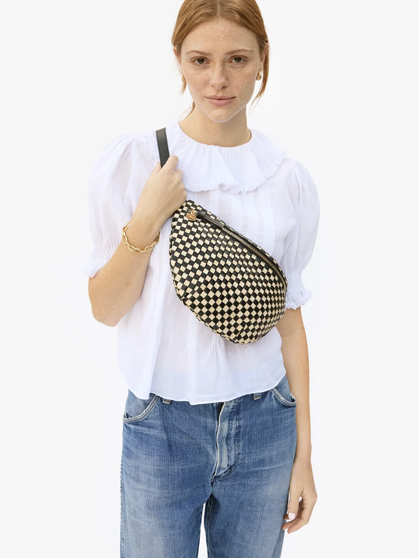 Clare V. Grande Fanny - Black/Cream Woven Checker | Garmentory