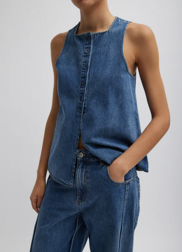 Tibi Spring Denim Slit Front Top | Garmentory