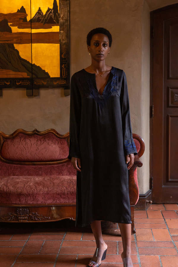 Erica Tanov Nava Embroidered Silk Charmeuse Dress - Black | Garmentory