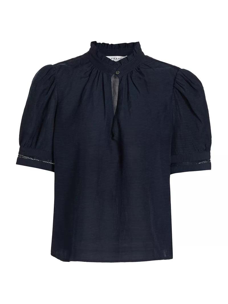FRAME Denim Ruffle Collar Inset Lace Top - Navy | Garmentory