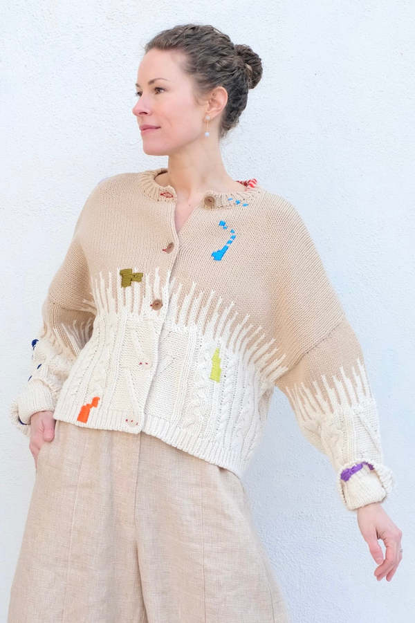 Cordera Cotton Embroidered Cardigan - Cream | Garmentory