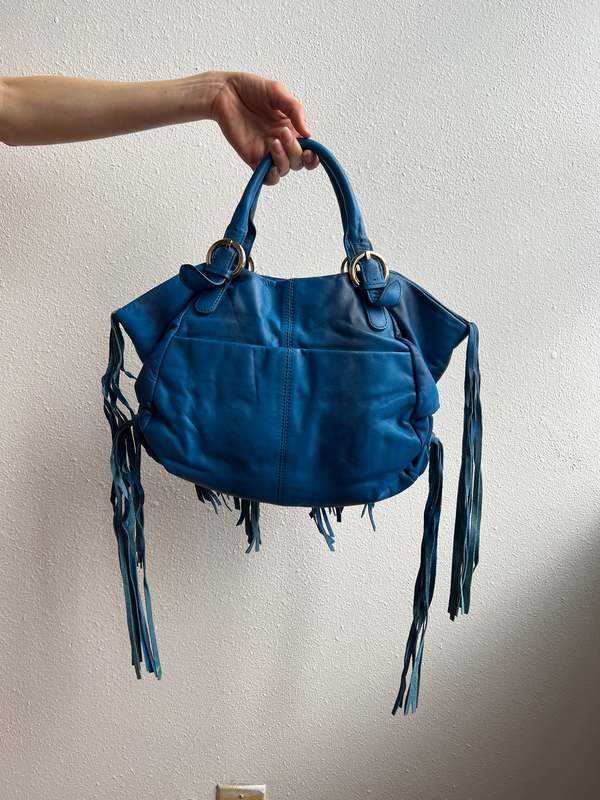 Vintage Leather Fringe Handbag - Blue | Garmentory