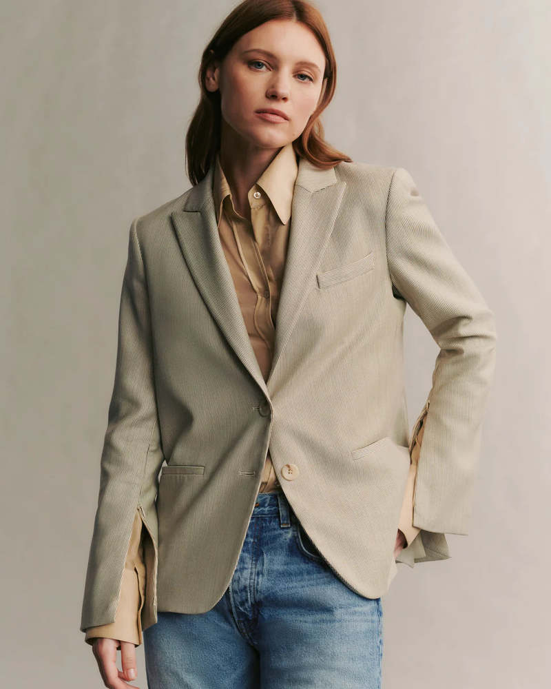 TWP Railroad Ticked Boyfriend Blazer - Lark/White | Garmentory