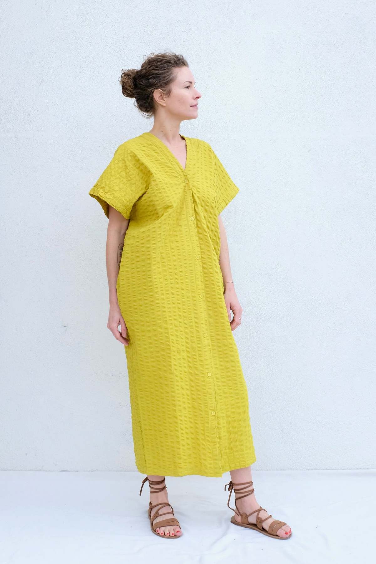 Black Crane Origami Dress - Turmeric Seersucker | Garmentory