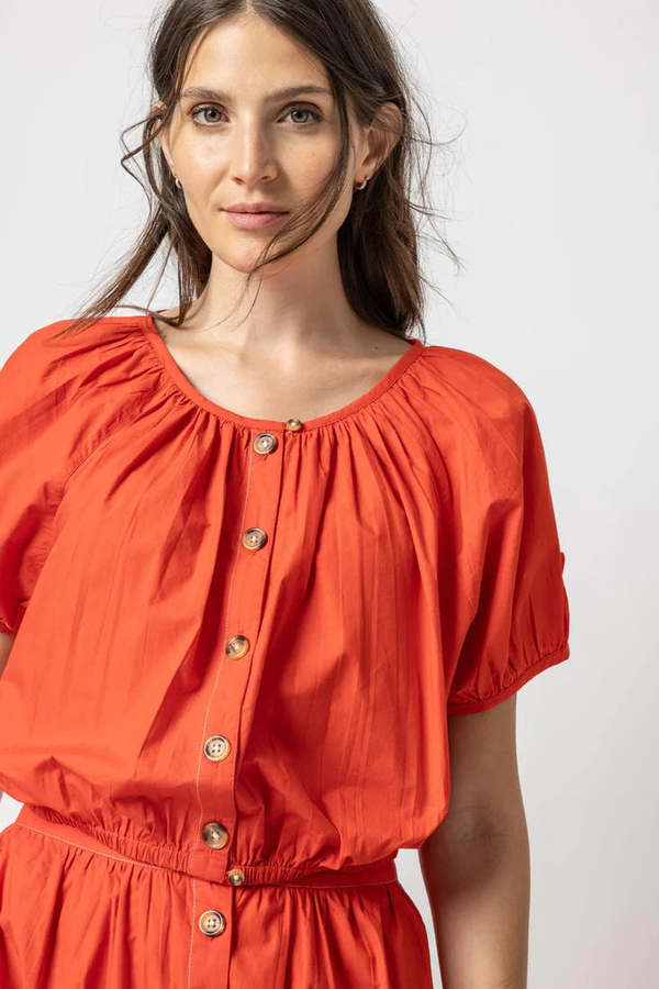 Lilla P. Elastic Hem Button Front Top - Poppy | Garmentory