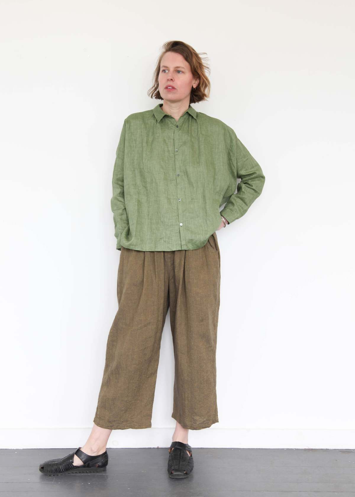ICHI ANTIQUITES Color Linen Shirt - Green | Garmentory