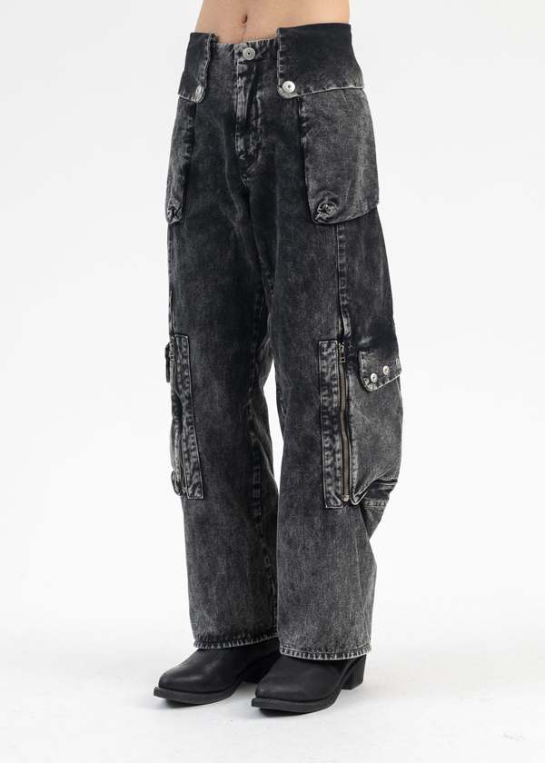 Omar Afridi DISCHARGE DENIM TOTEM CARGO TROUSERS - POWDER GREY | Garmentory