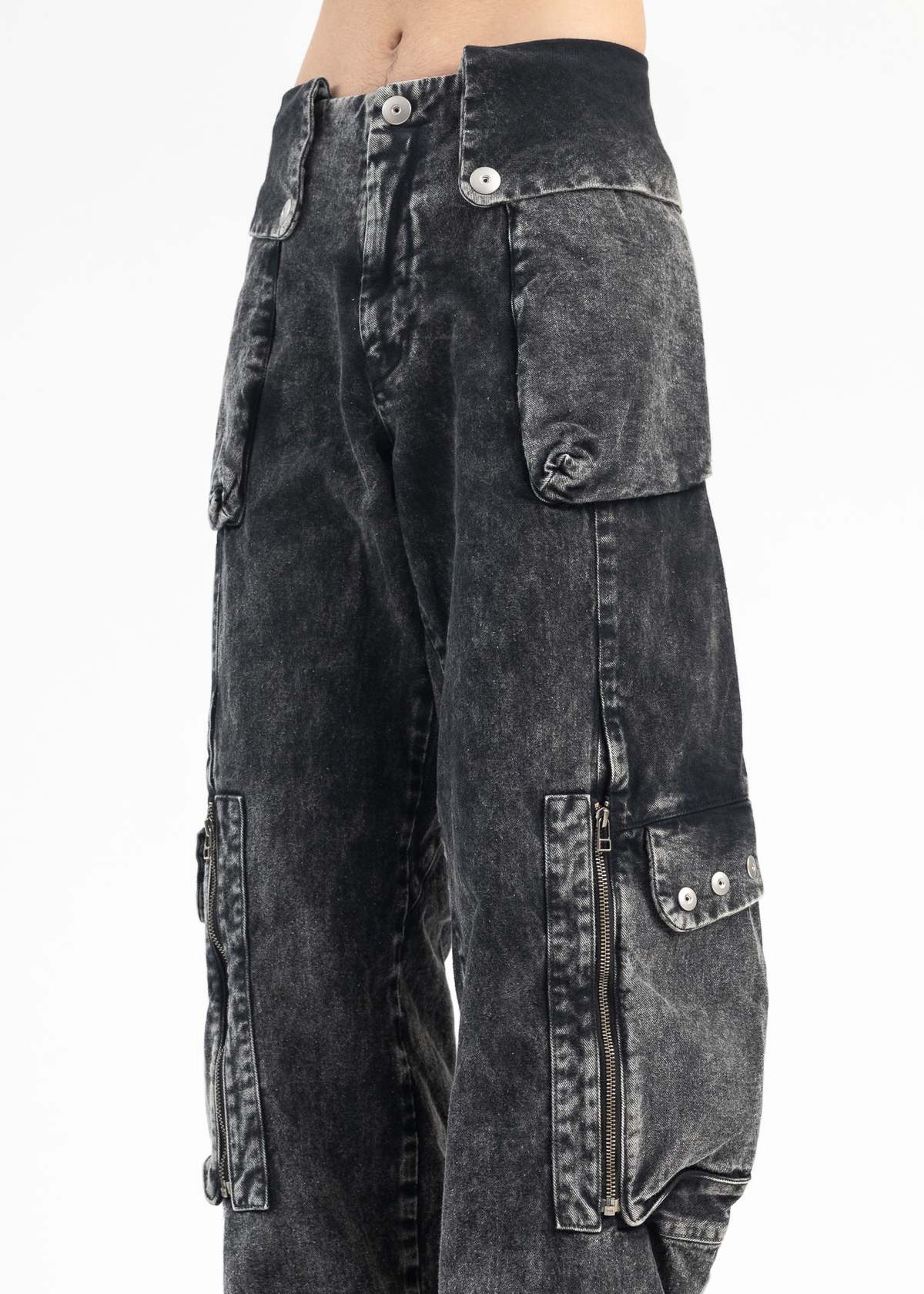 Omar Afridi DISCHARGE DENIM TOTEM CARGO TROUSERS - POWDER GREY | Garmentory