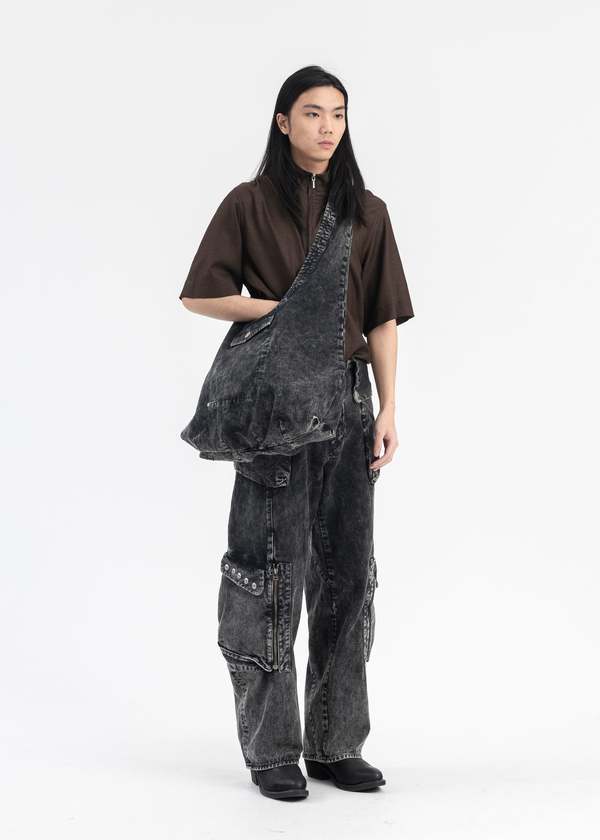 Omar Afridi DISCHARGE DENIM TOTEM CARGO TROUSERS - POWDER GREY | Garmentory