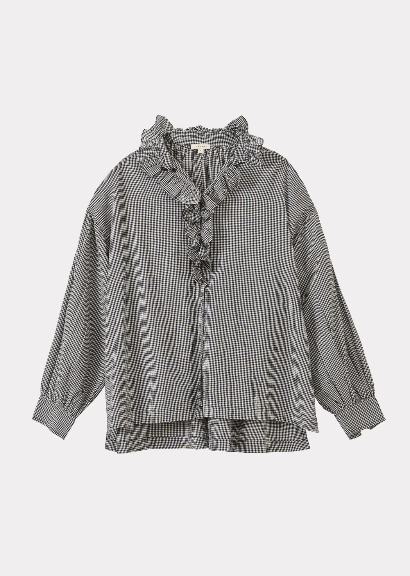 Caramel Cotton Frill Blouse - Black/White Check | Garmentory