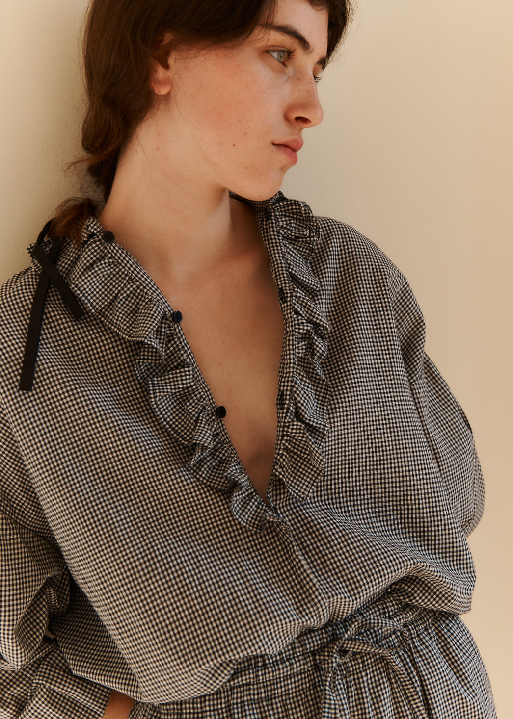 Caramel Cotton Frill Blouse - Black/White Check | Garmentory