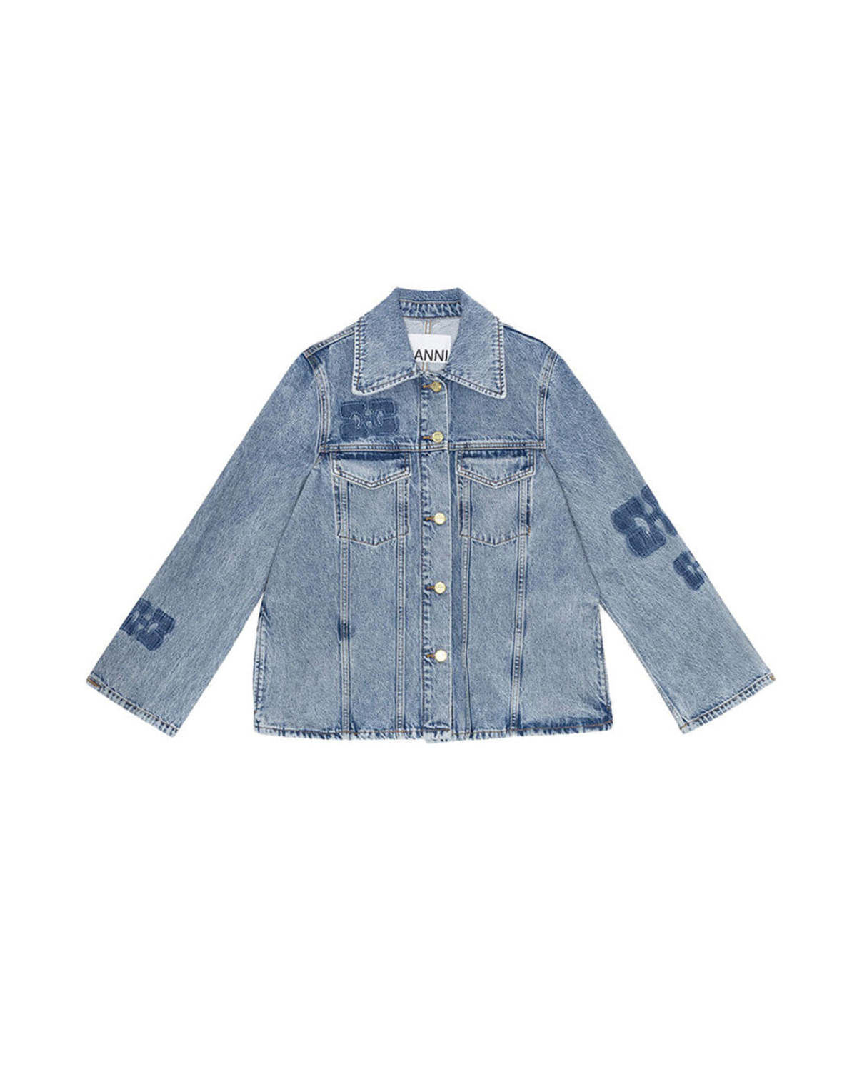 Ganni Patch Denim Jacket - Medium Wash Denim | Garmentory