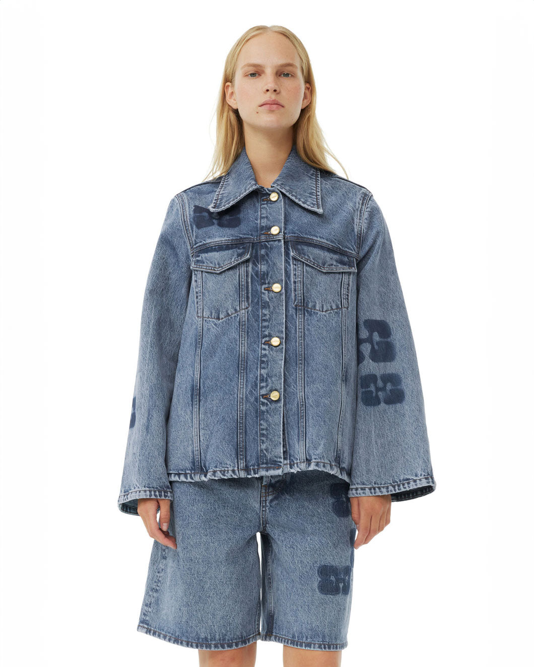 Ganni Patch Denim Jacket - Medium Wash Denim | Garmentory