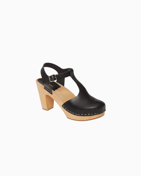 Swedish Hasbeens T-Strap Sky High Clog - Black/Nature | Garmentory