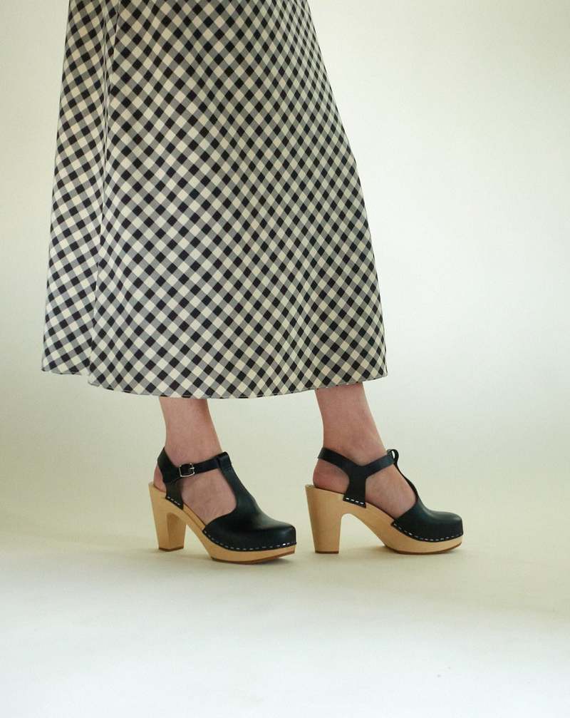 Swedish Hasbeens T-Strap Sky High Clog - Black/Nature | Garmentory