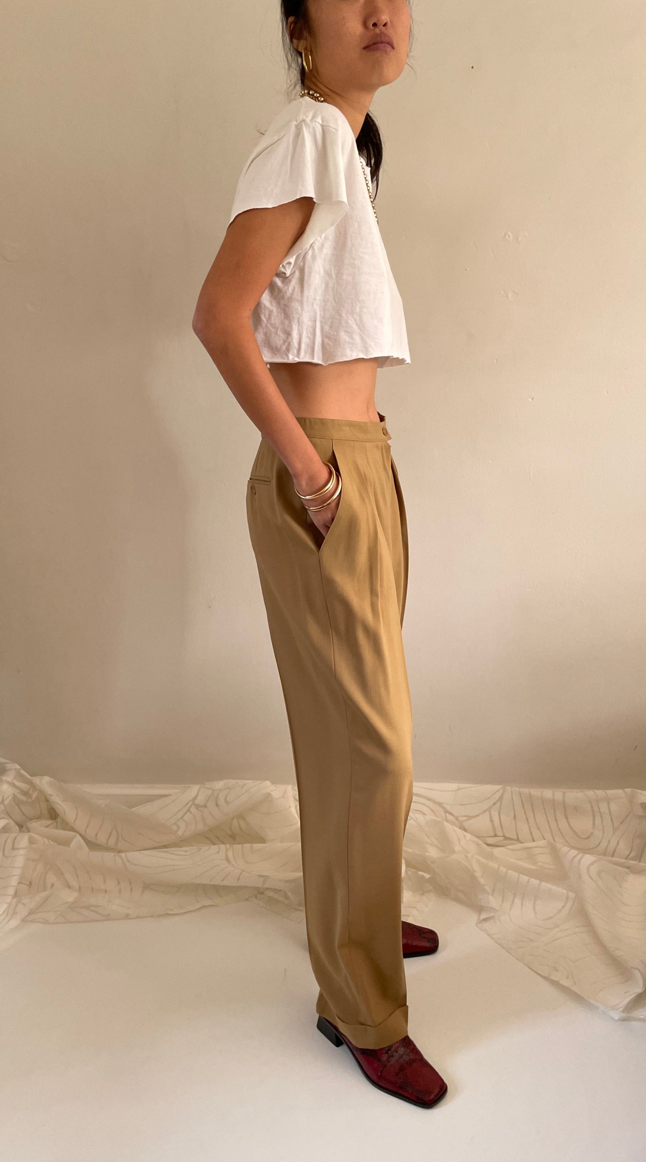 Vintage 90s pleated wool baggy cuffed wide leg pants - Camel | Garmentory