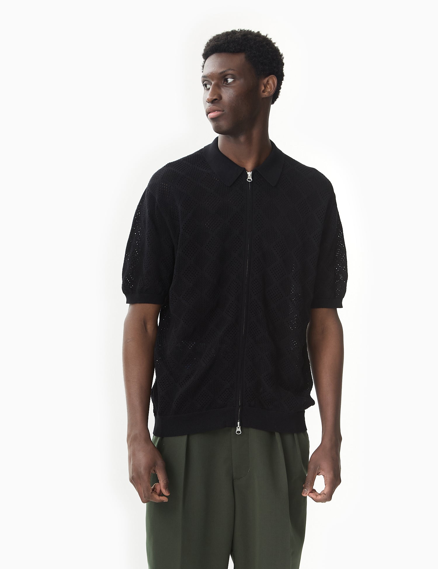 Beams Plus Zip Mesh Knit Polo Shirt - Black | Garmentory