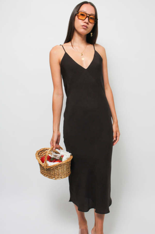 Cloak & Dagger Bias Slip Midi Dress - Chocolate | Garmentory