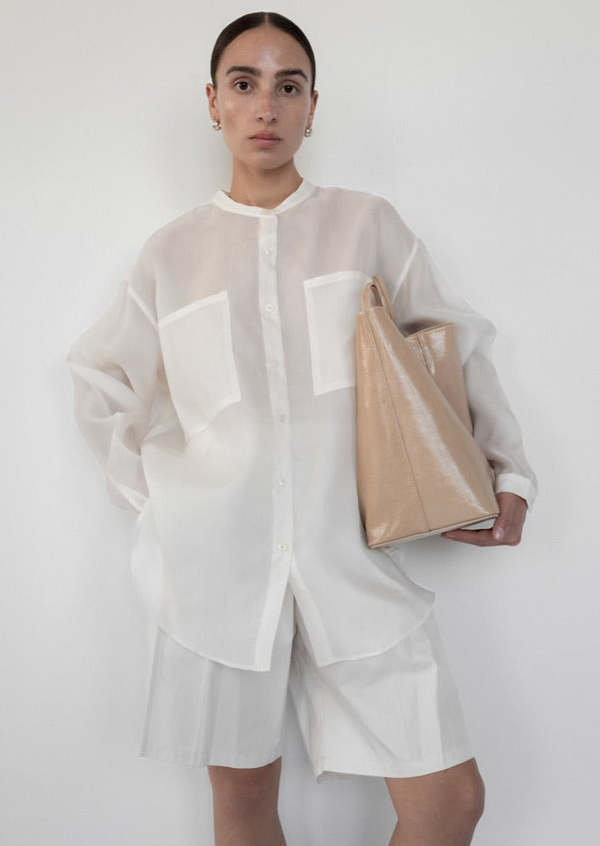 Modern Weaving Silk Organza Oversize Banded Collar Button Down - Off White | Garmentory