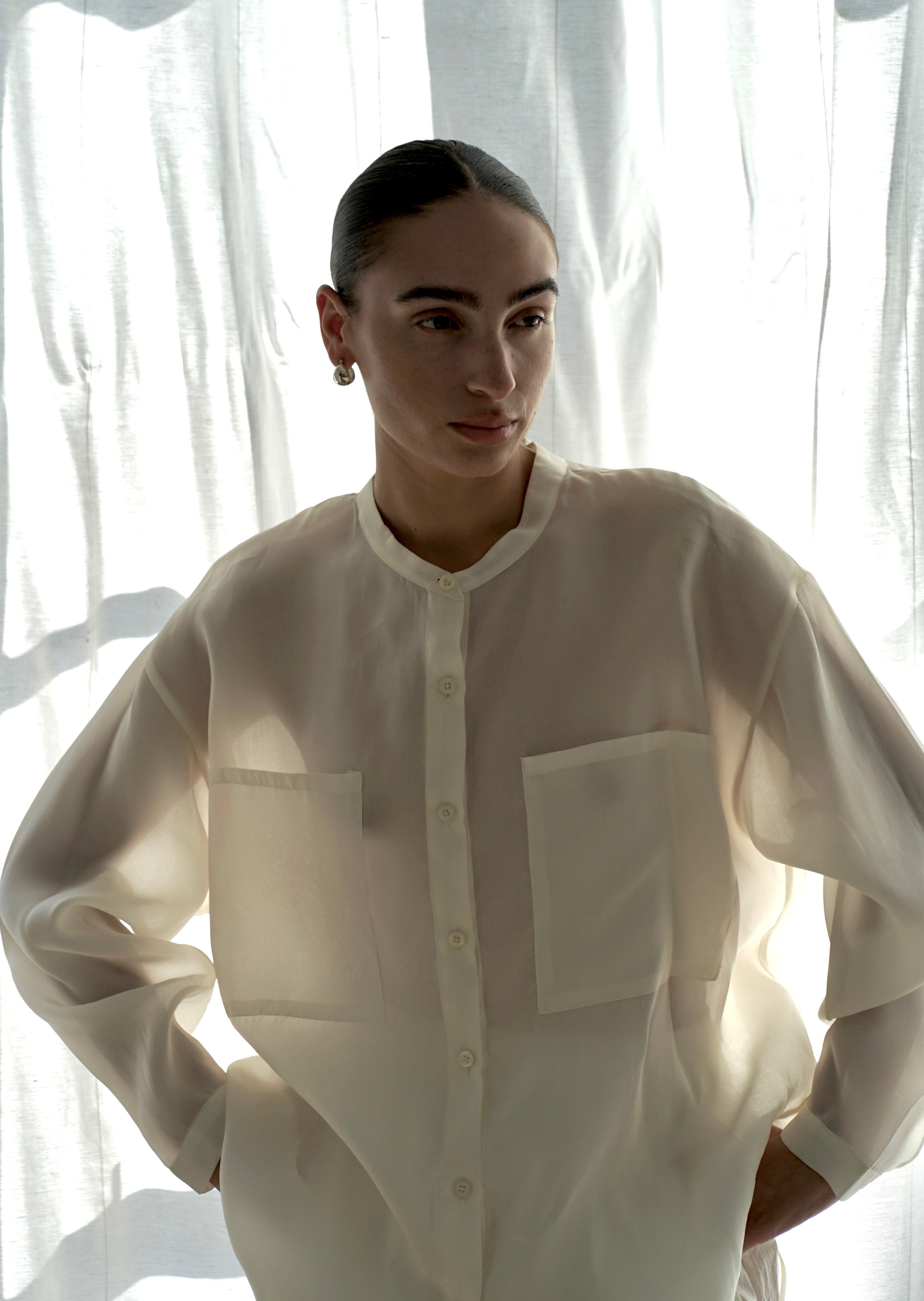 Modern Weaving Silk Organza Oversize Banded Collar Button Down - Off White | Garmentory