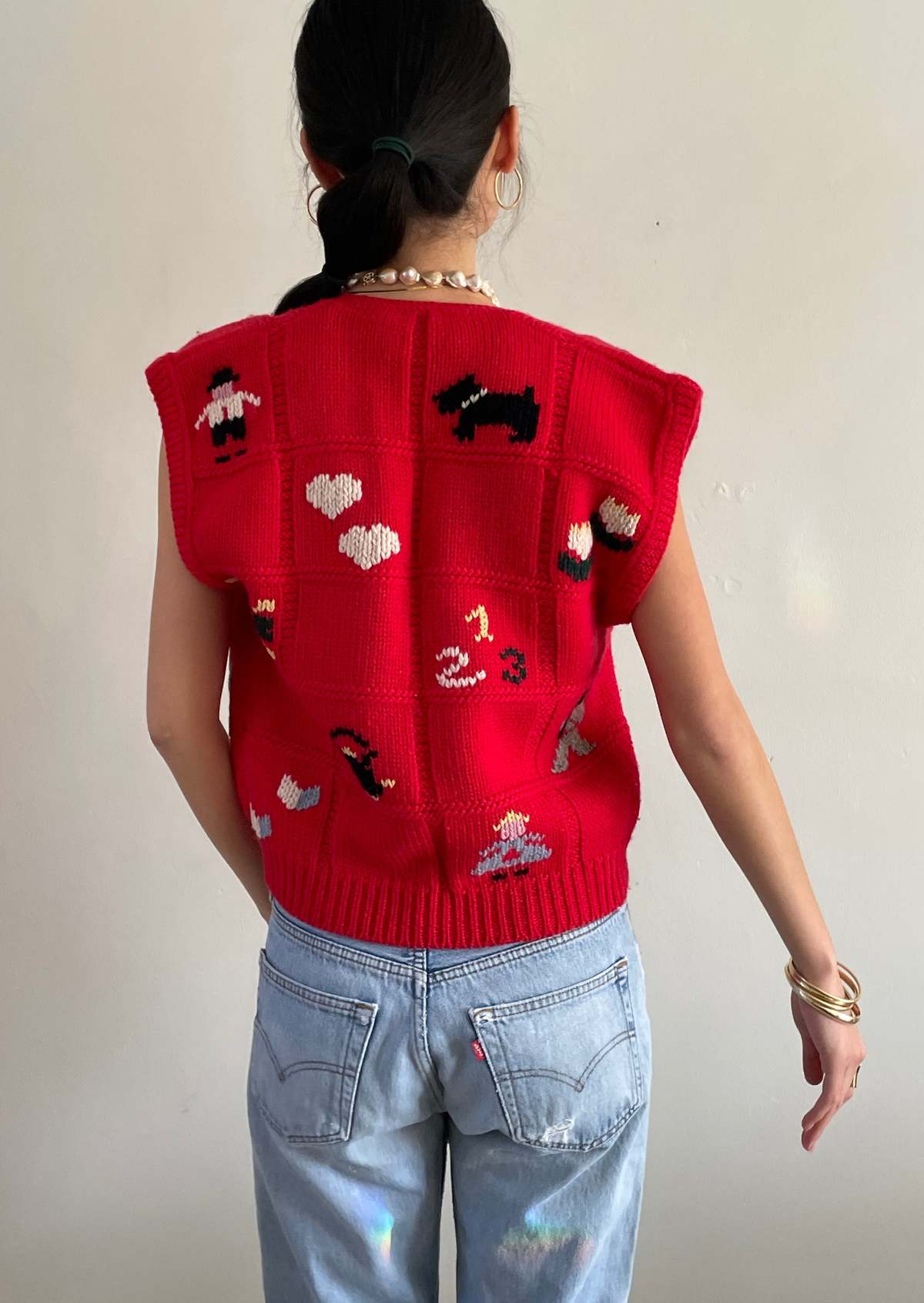 Vintage hand knit red wool folklore sweater vest | Garmentory