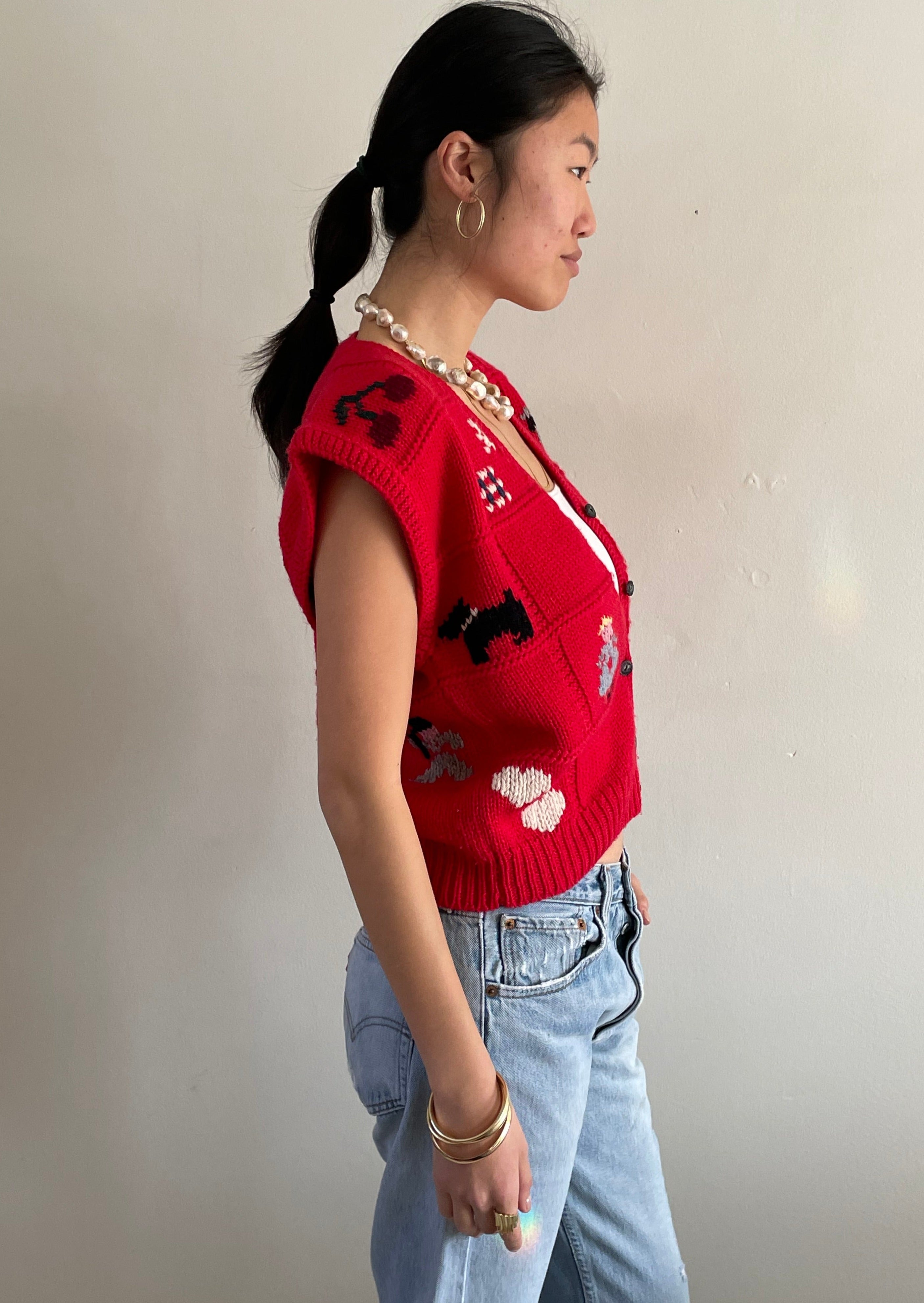 Vintage hand knit red wool folklore sweater vest | Garmentory