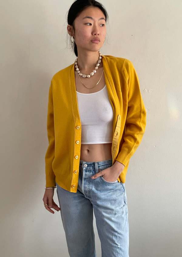 Vintage 1950s HAWICO lambswool mustard yellow grandpa cardigan sweater ...