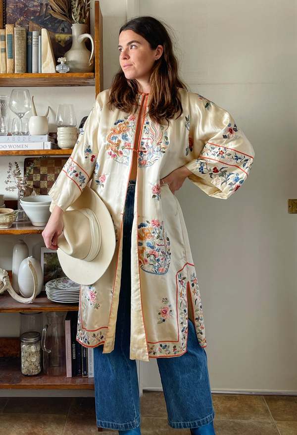 The Ludlow Shop Antique Silk Embroidered Robe - Cream | Garmentory