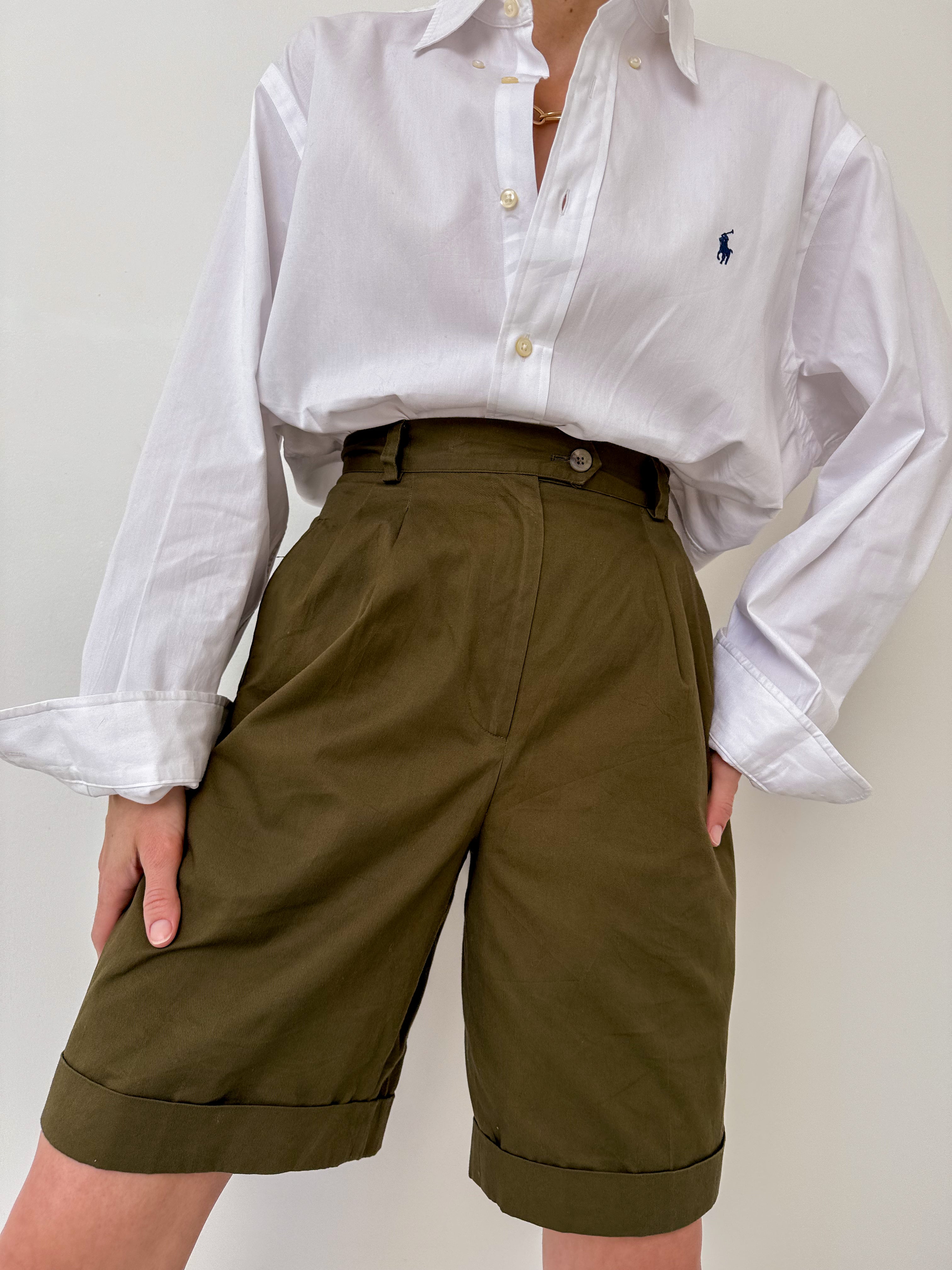 Vintage 90s Cotton Cuffed Shorts - Olive | Garmentory