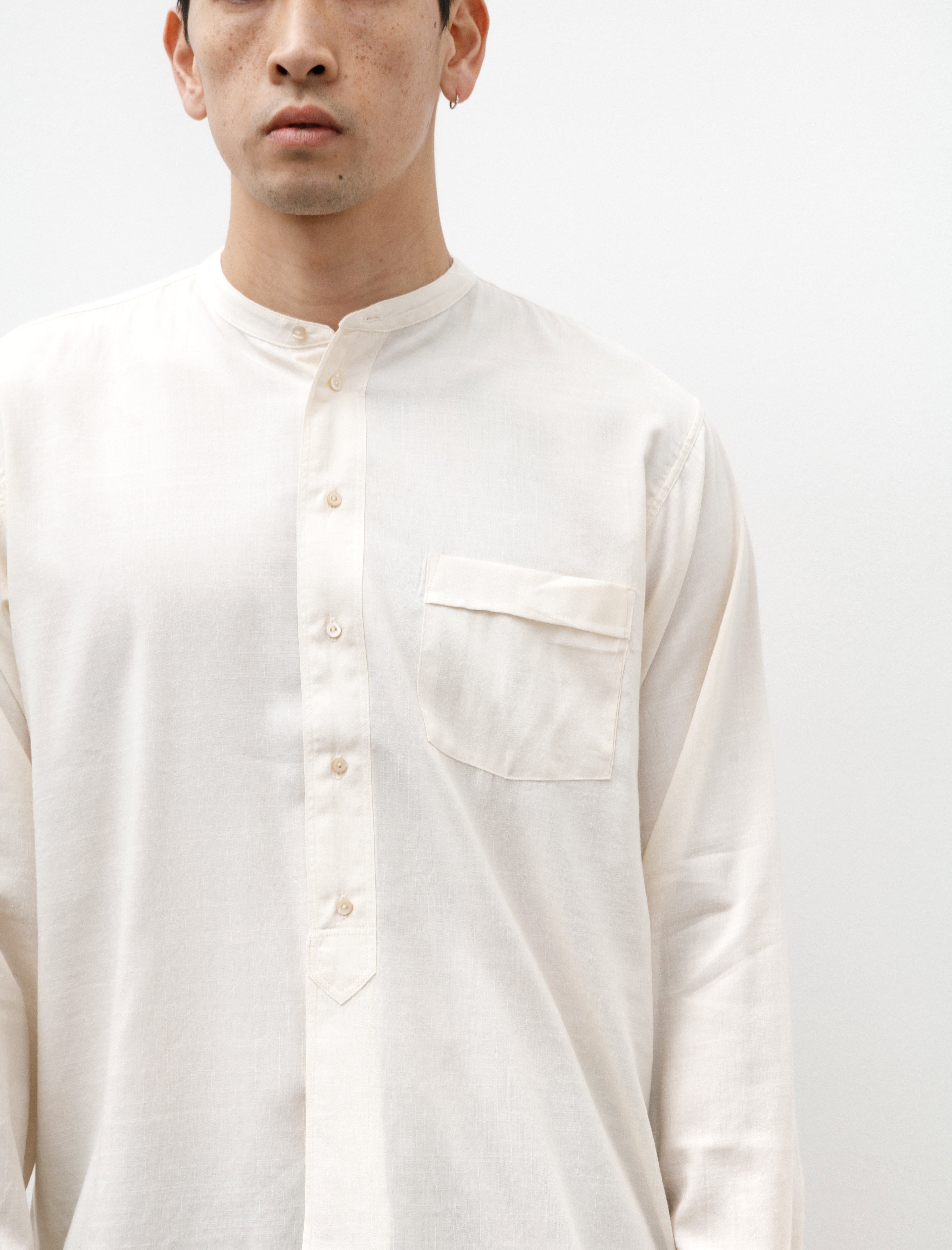 Taiga Takahashi Mens Lot 104 Band Collar Shirt - Cotton Rayon Ivory ...