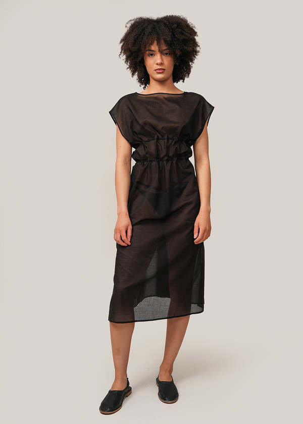 AMOMENTO Sheer Drawstring Dress - Black | Garmentory