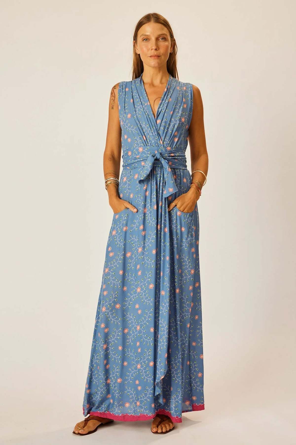 Natalie Martin Nico Sleeveless Maxi with Sash - Pinwheel Denim | Garmentory